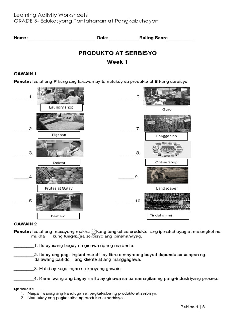 Produkto at Serbisyo Week 1: Learning Activity Worksheets GRADE 5-Edukasyong Pantahanan at ...
