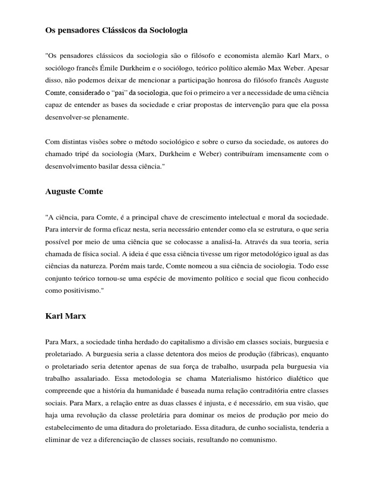 Os Pensadores Clássicos Da Sociologia | PDF | Sociologia | Karl Marx