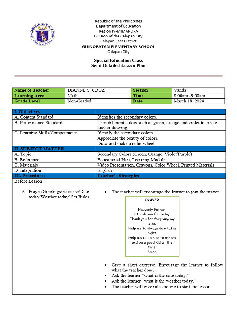 Secondary Colors Lesson Plan | PDF | Lesson Plan | Teachers