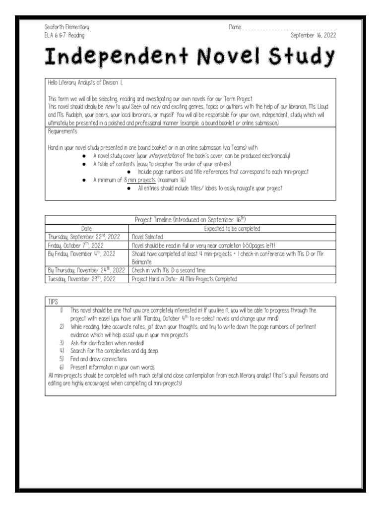 ELA 6 & 7 Novel Study Project Guide | PDF | Narration | Novels