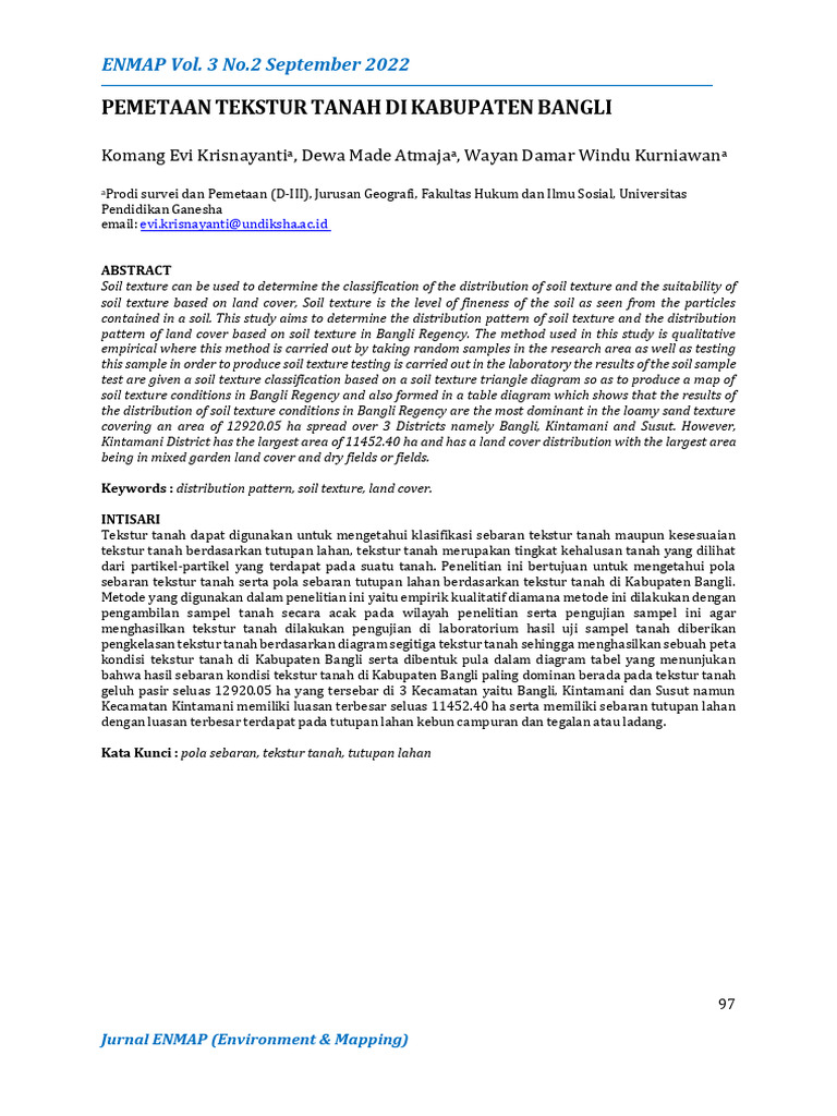 Pemetaan Tekstur Tanah Di Kabupaten Bangli: ENMAP Vol. 3 No.2 September 2022 | PDF | Soil ...