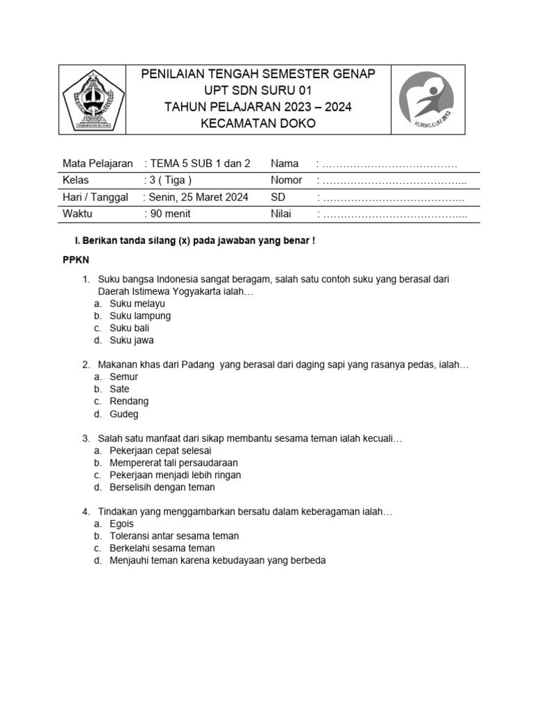 Soal Ujian Tema 5 Subtema 1 & 2 Kelas 3 | PDF