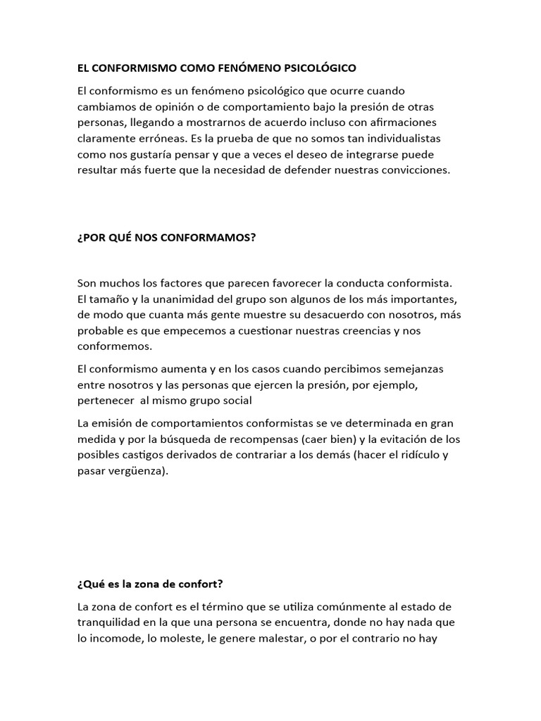 CONFORMISMO PSICOLOGICO - ZONA DE CONFORT - MODELO TRANSTEORICO DE ...