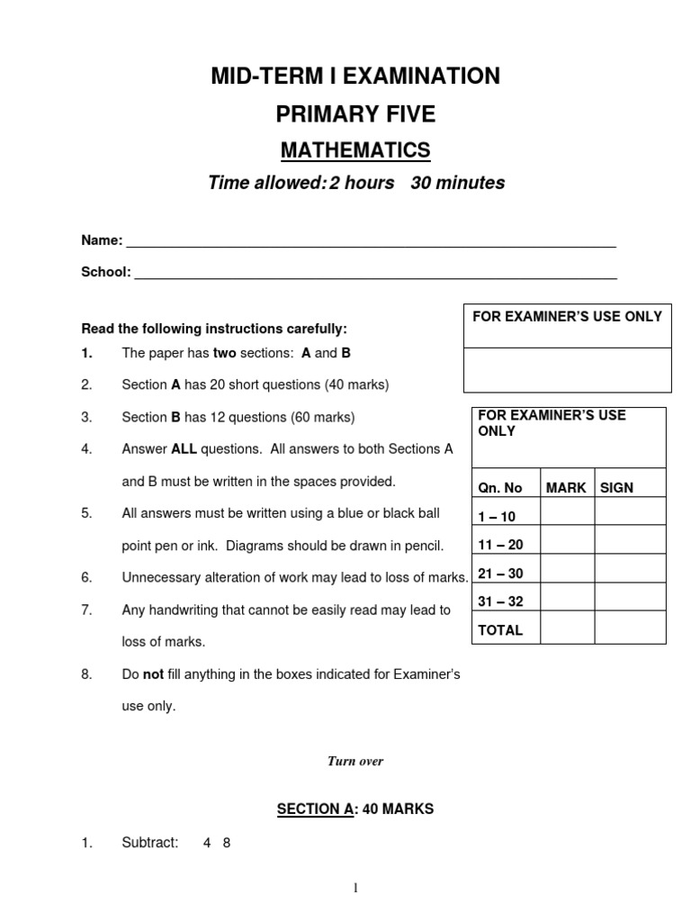 P - 5 Mathematics Mid-Term I Examination | PDF | Mathematics