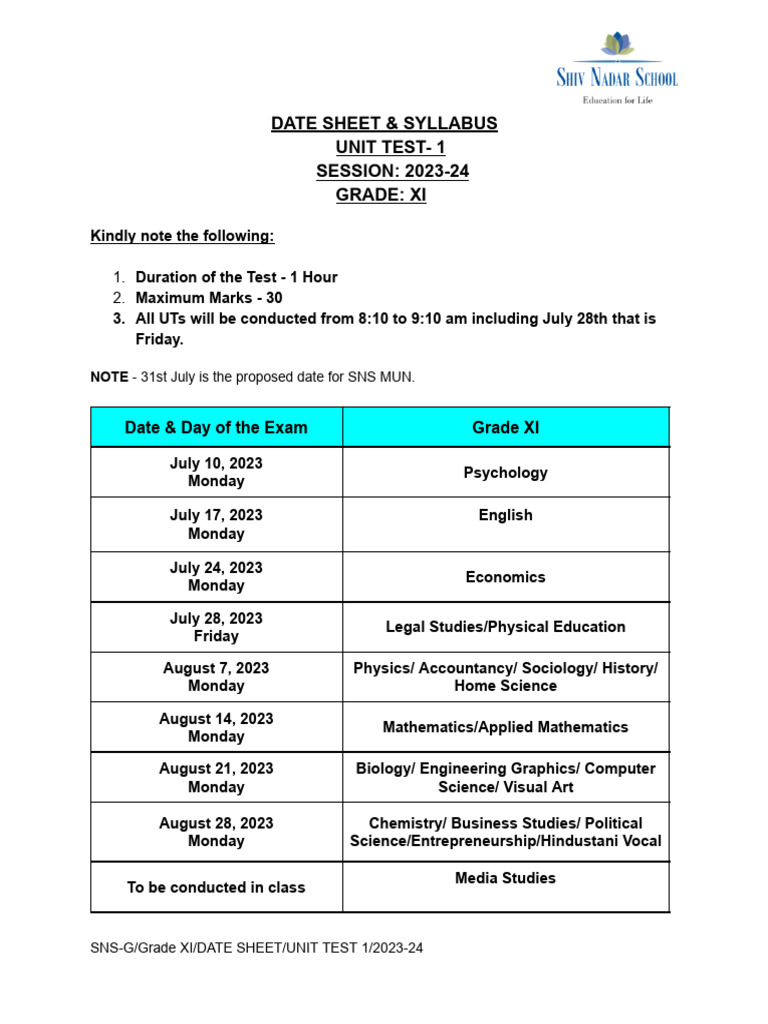 Grade XI Unit Test 1 Date Sheet 2023-24 | PDF | Sociology | Euclidean ...