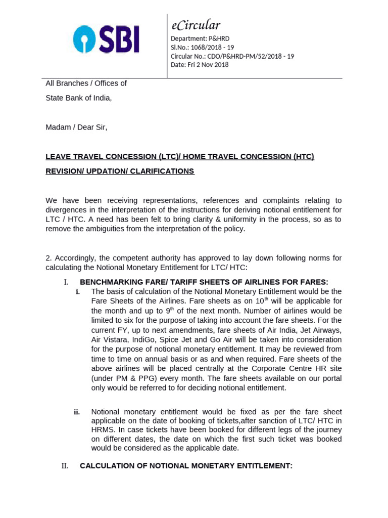 SBI Leave Travel Concession Guidelines | PDF | Business Class | Airlines