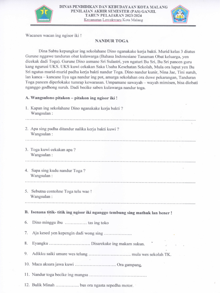 Soal PAS B.Jawa | PDF