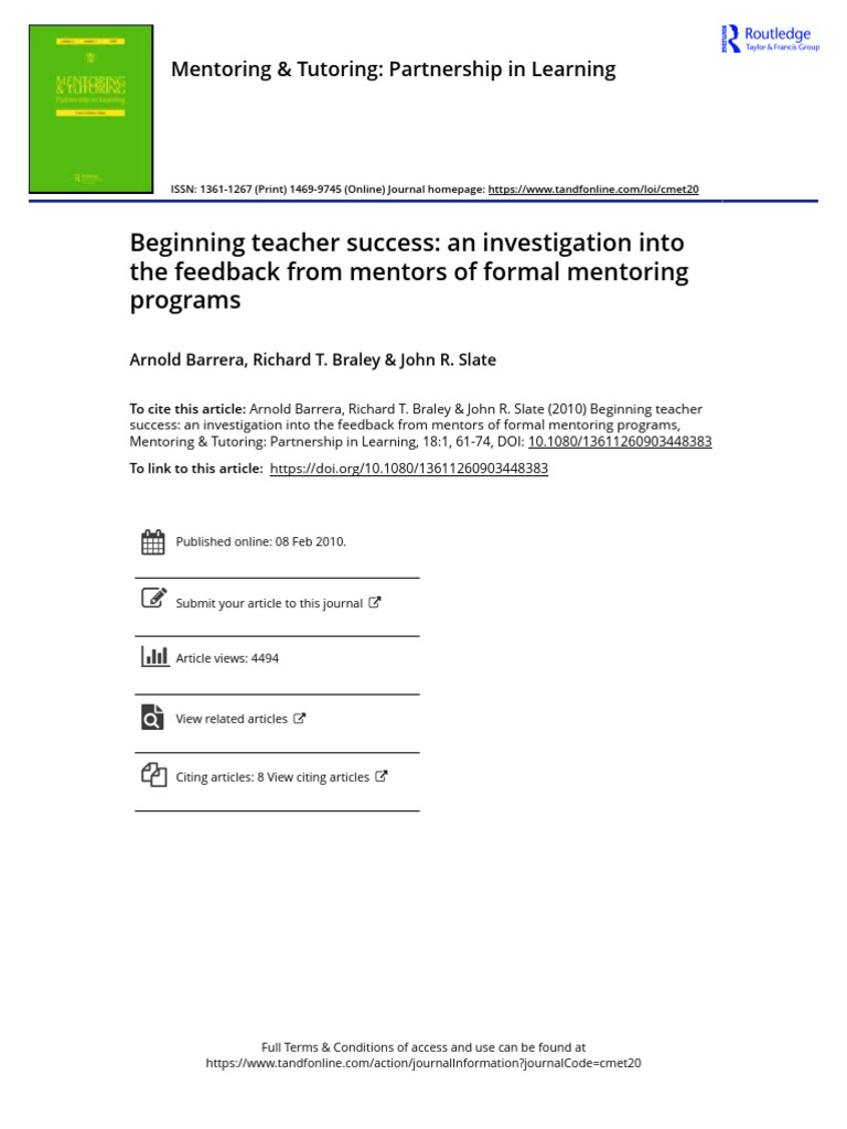Beginning Teacher Success An Investigation Into The Feedback From Mentors of Formal Mentoring ...