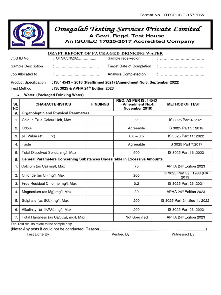 Packaged Drinking Water Test Report | PDF | Magnesium | Chlorine