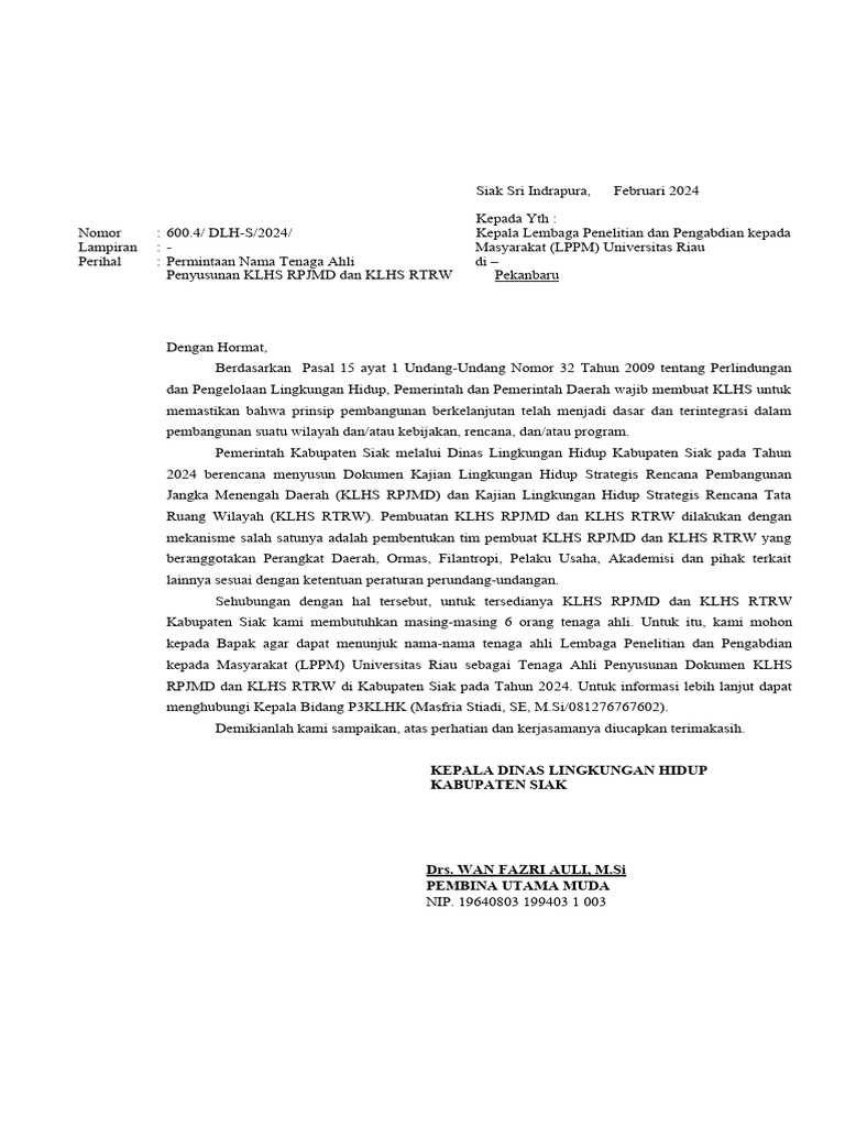 Surat Permintaan Nama Tenaga Ahli KLHS RPJMD 2024 | PDF | Sains & Matematika
