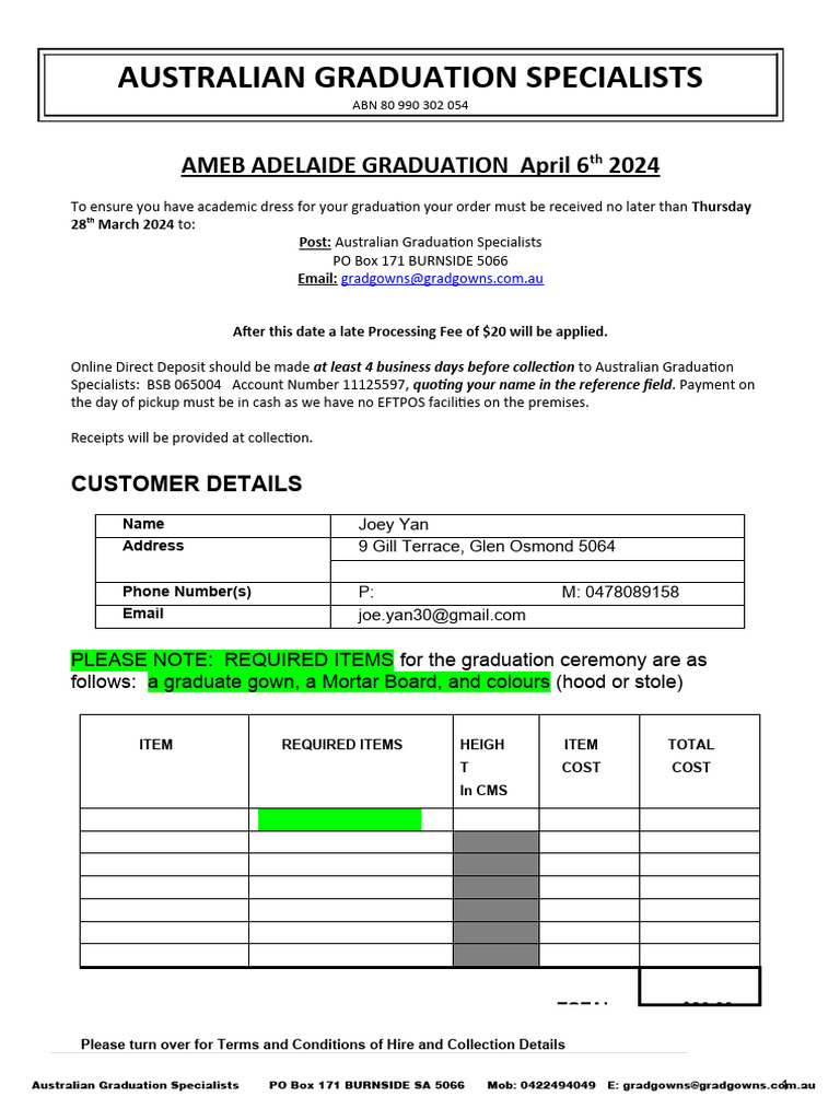 AMEB Graduation Hire Form 2024 Inc Rockschool | PDF