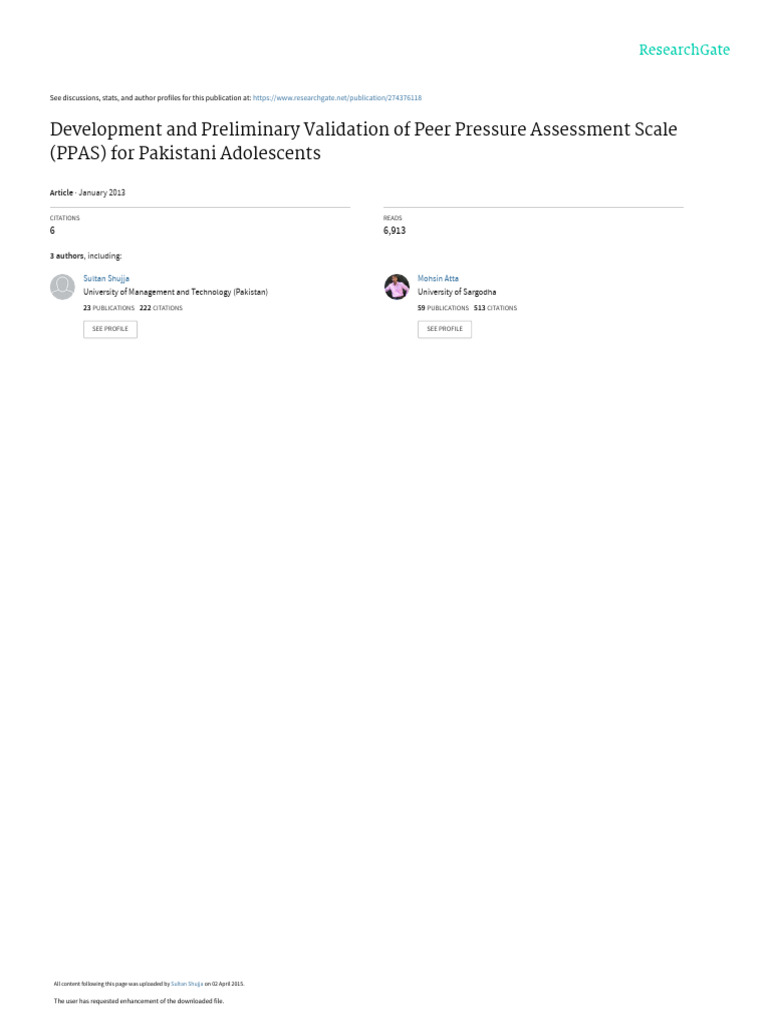 Development Validationof Peer Pressure Assessment Scale PPAS | PDF ...