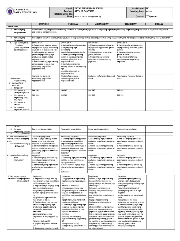 Grade 4 DLL EPP 4 Q4 Week 7 | PDF