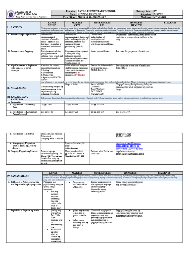 Grade 4 DLL MAPEH 4 Q3 Week 6a | PDF