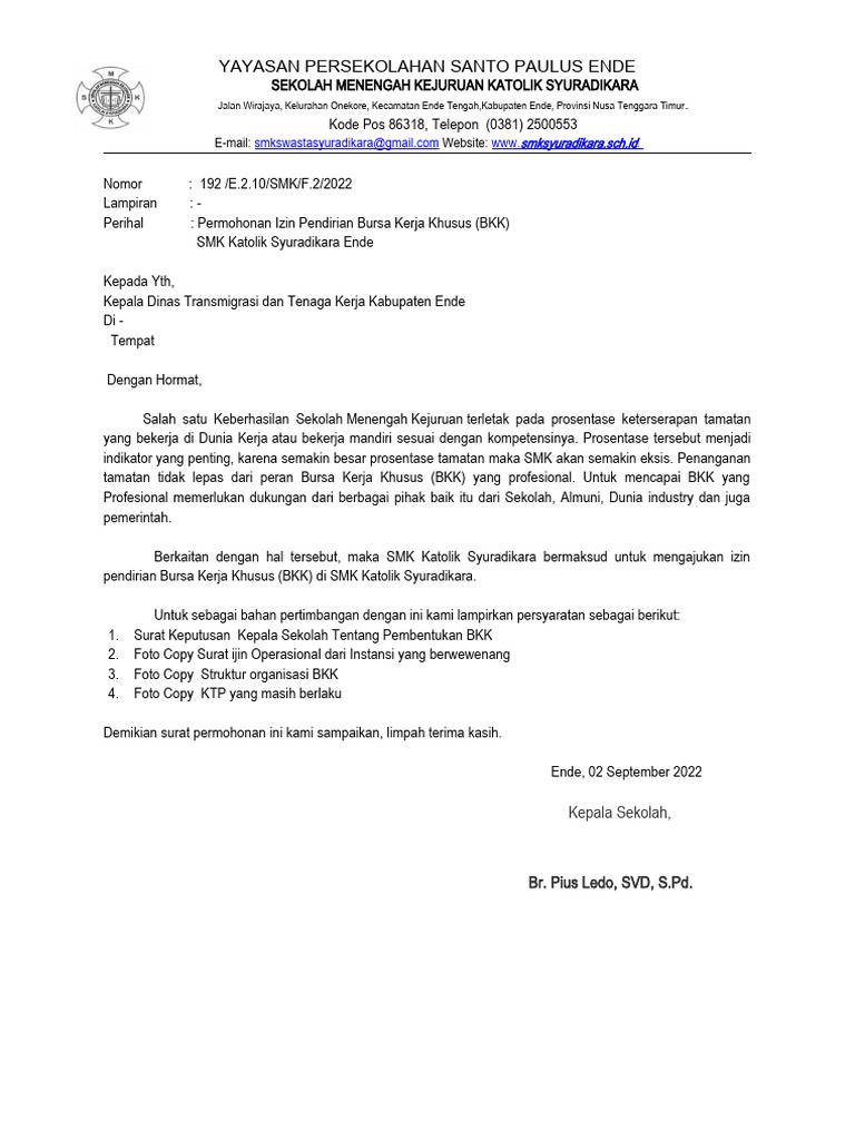 Surat Permohonan Pendirian BKK | PDF