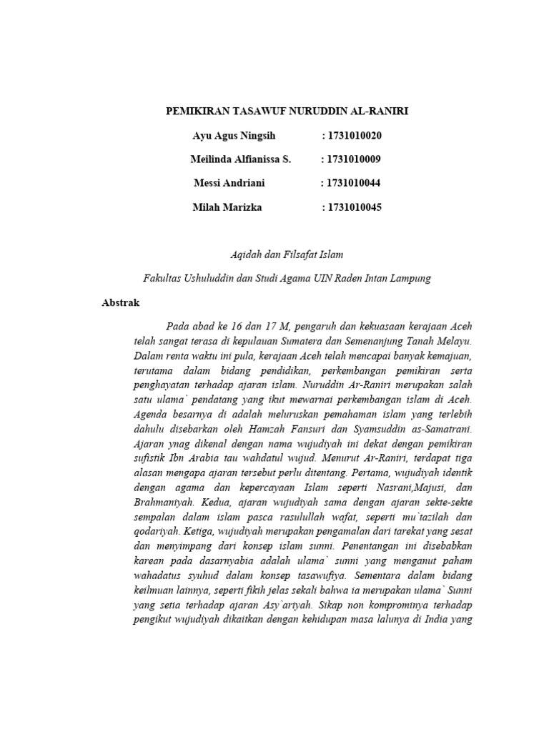 Pemikiran Tasawuf Nuruddin Al-Raniri | PDF