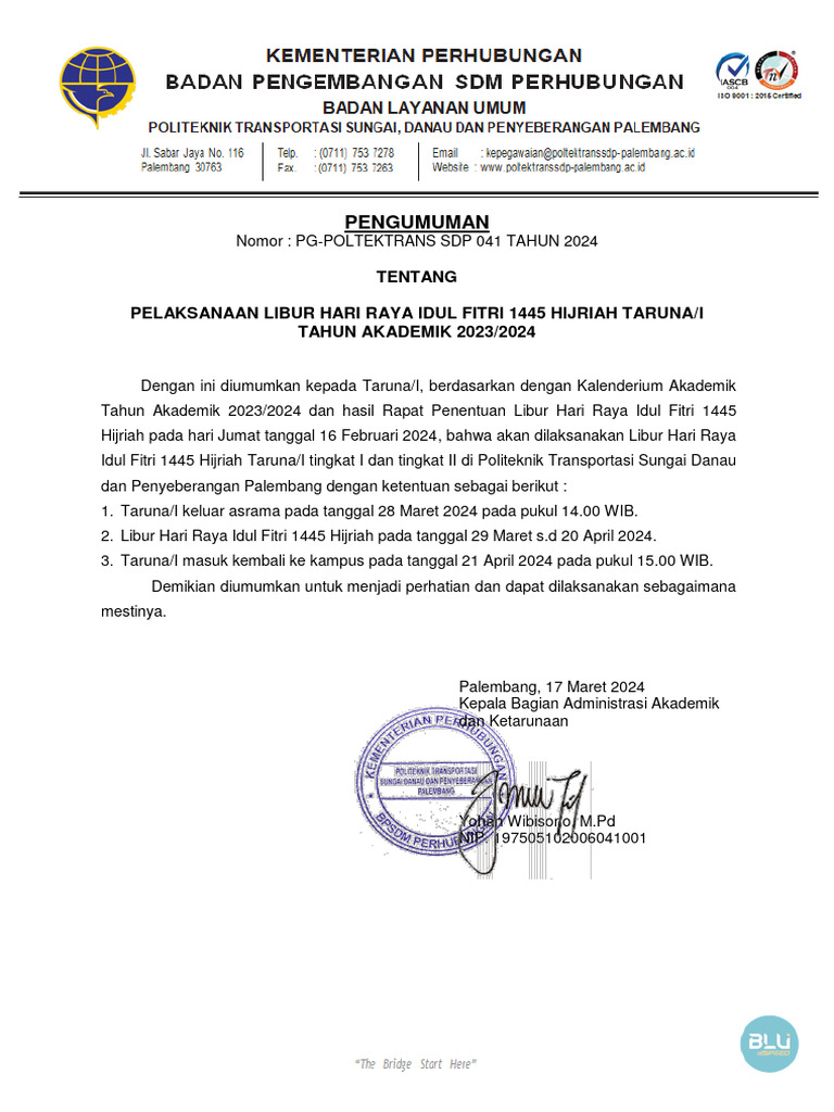 Pengumuman Libur Idul Fitri 2024 | PDF