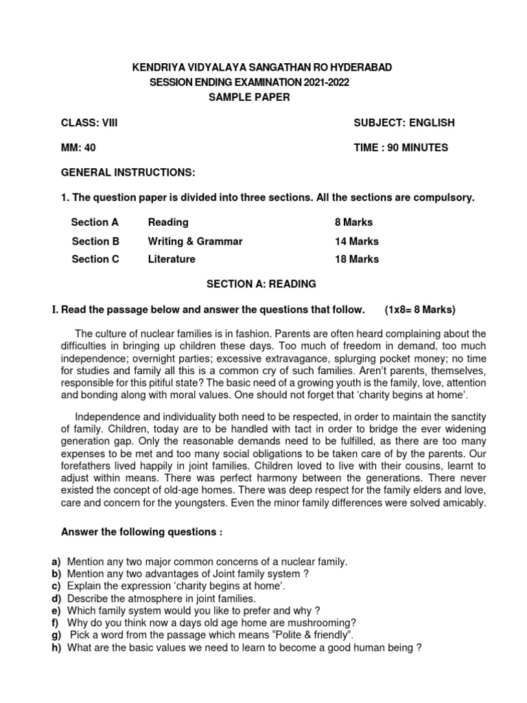 VIII English Sample Paper | PDF