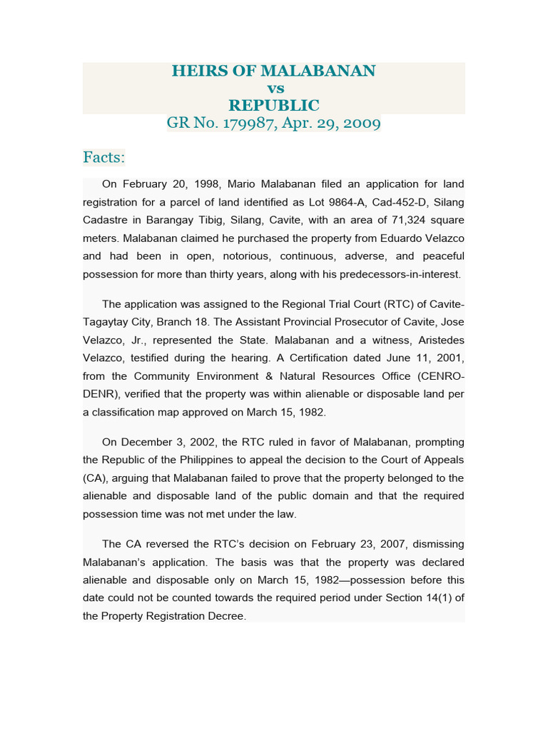 Case Digest HEIRS OF MALABANAN v. REPUBLIC | PDF | Property | Adverse Possession