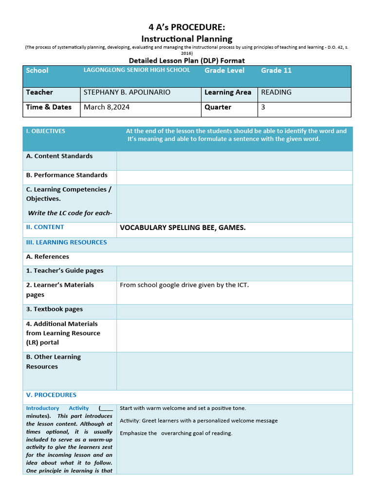 LESSON PLAN TEMPLATE FOR Preading Ed MArch 15,2024 | PDF | Learning ...