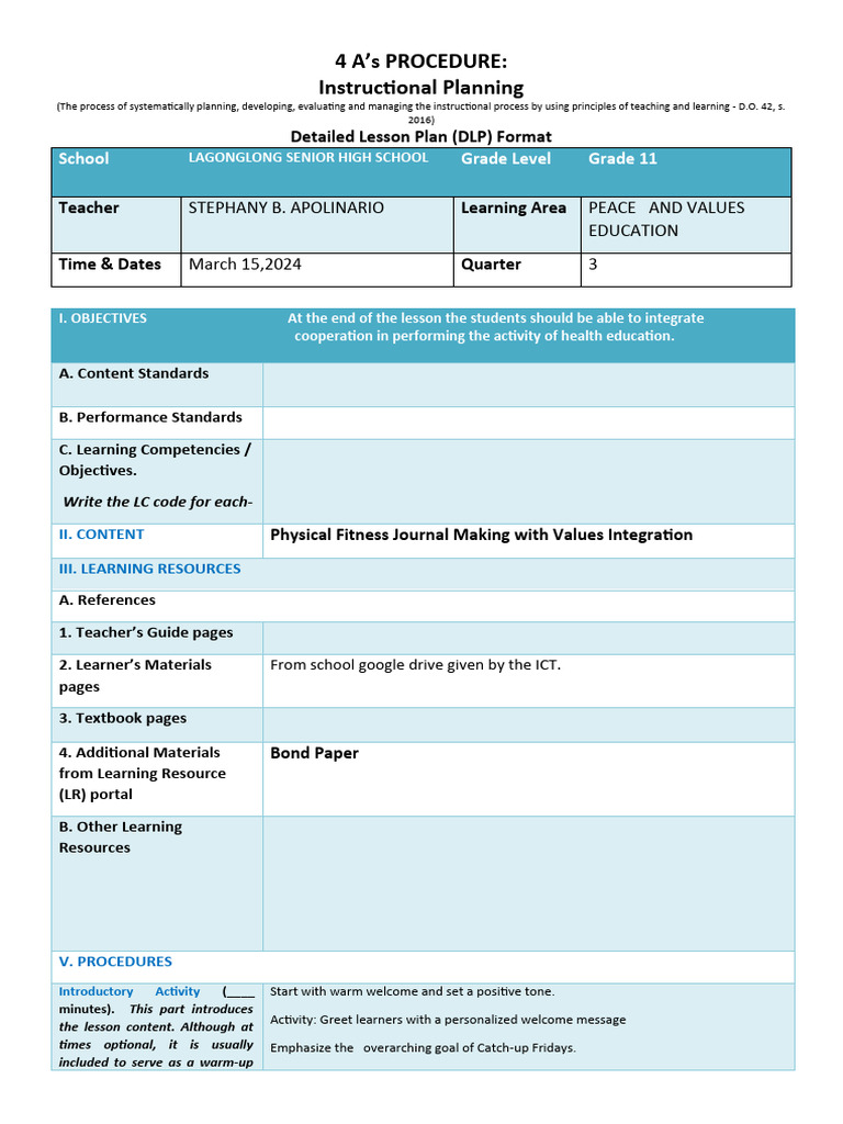 LESSON PLAN TEMPLATE FOR PEACE Ed MARCH 15,2024 | PDF | Learning ...