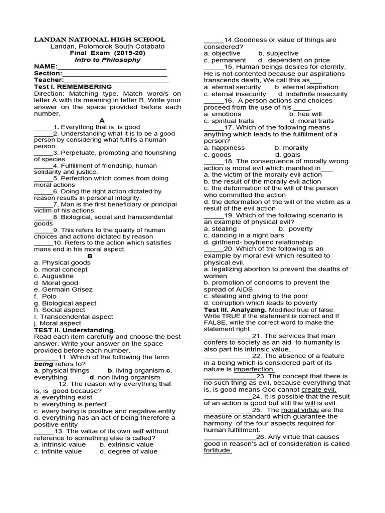 CESC 4th Quarter Exam Overview | PDF | Virtue | Morality