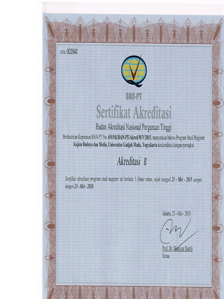 2107020333-Sertifikat Akreditasi S2 KBM 2015 | PDF