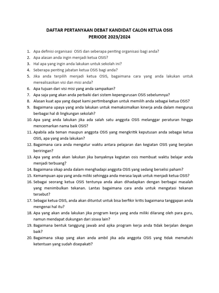 Daftar Pertanyaan Debat Kandidat Calon Ketua Osis | PDF | Karier ...