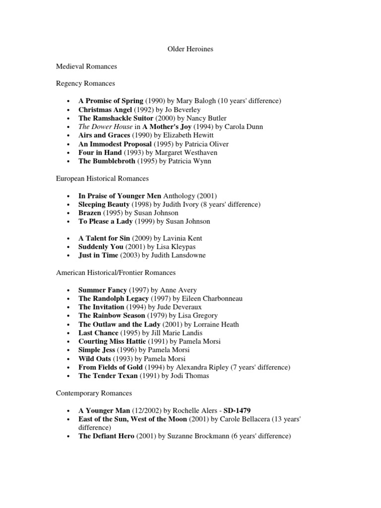 A Comprehensive Listing of Romance Novels Featuring Older Heroines and ...
