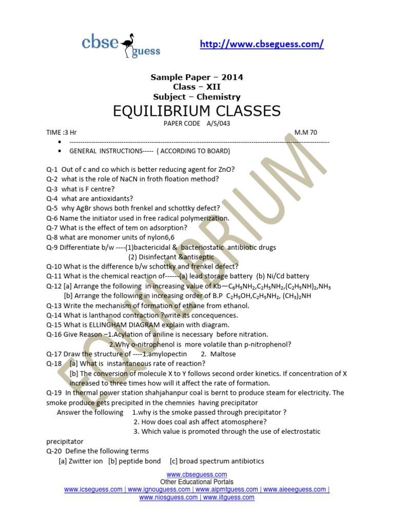 6112equilibrium Classes Sample Paper 2013 | PDF | Acid | Physical Sciences