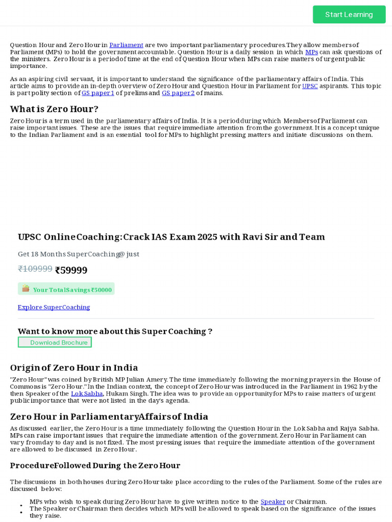 Zero Hour in Parliament & Question Hour's Meaning, Origin Etc. | PDF