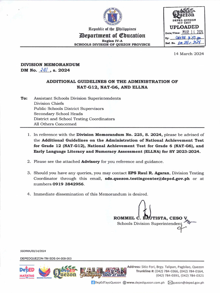 DM 231, S. 2024_ADDITIONAL GUIDELINES ON THE ADMINISTRATION OF ELLNAT | PDF