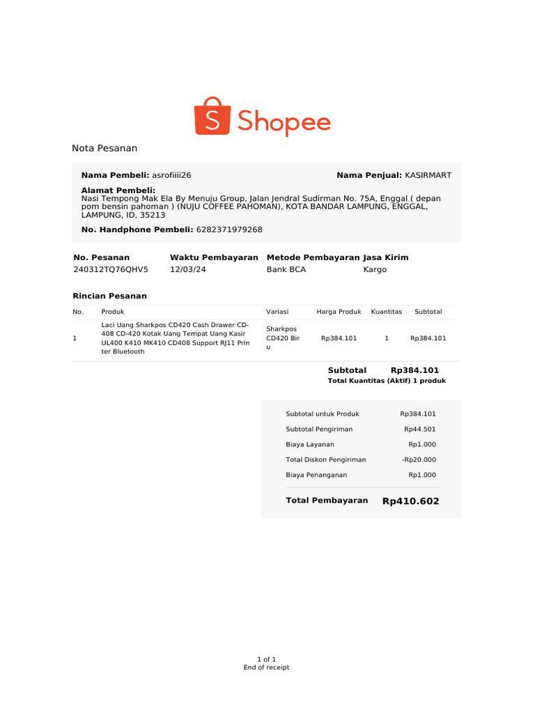 Invoice Pembelian Shopee KASIRMART | PDF