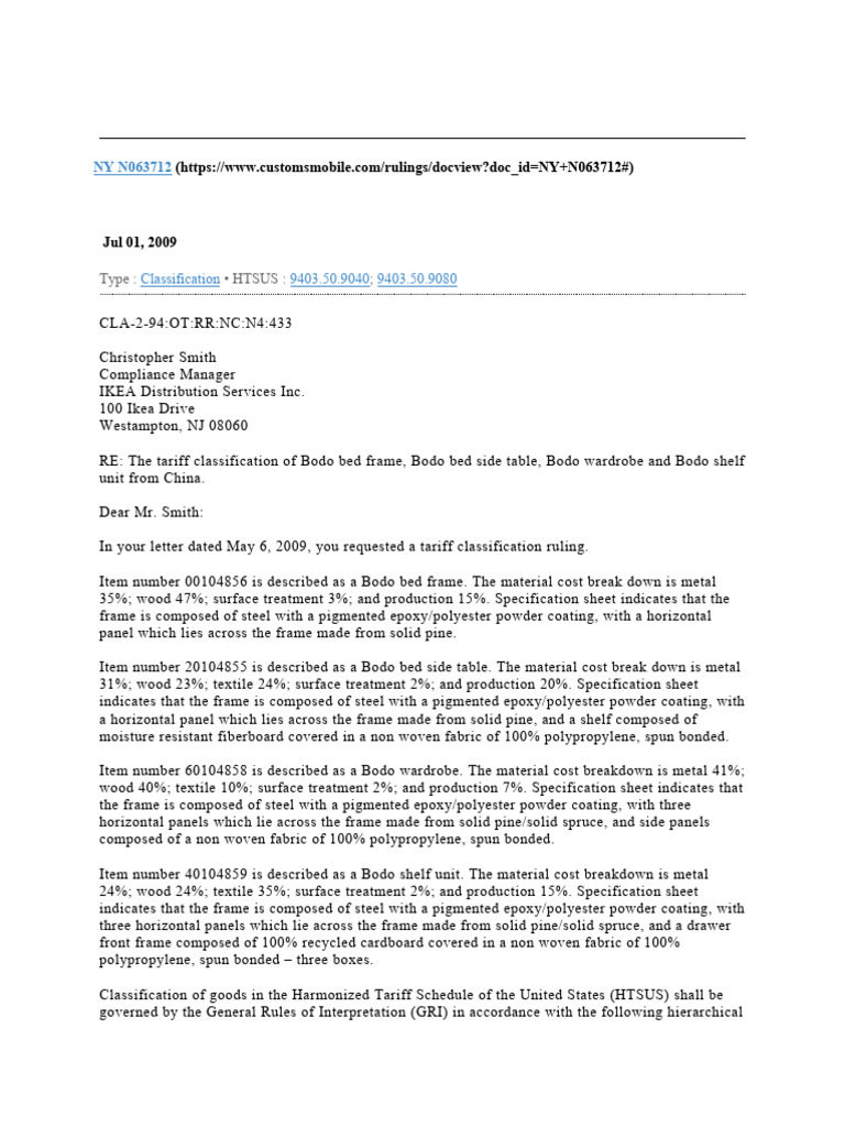 Tariff Classification Case - NY N063712 | PDF | Textiles | Wood
