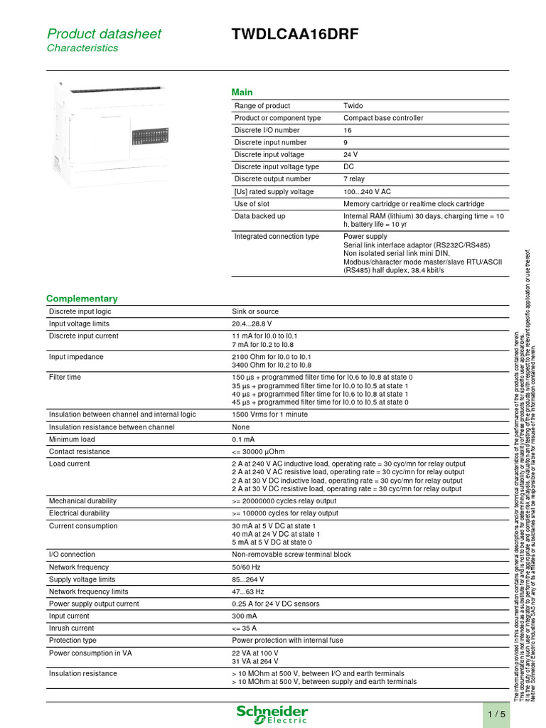 Schneider - Electric TWDLCAA16DRF Datasheet | PDF | Power Supply | Relay