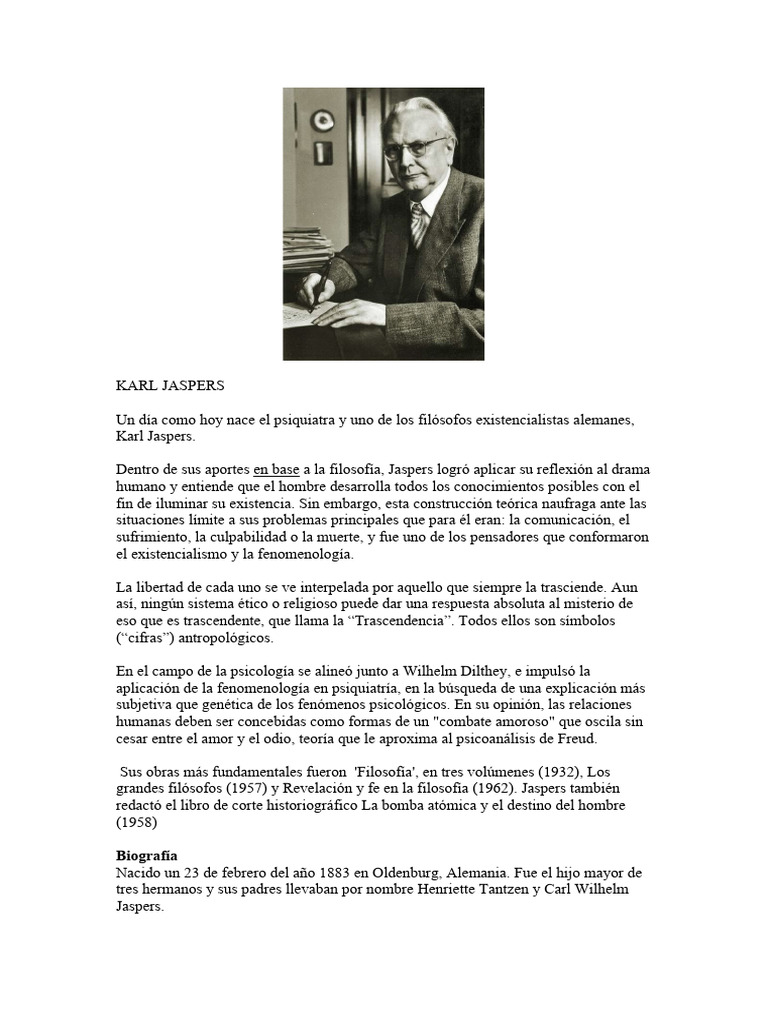 Karl Jaspers: Filosofía y Psiquiatría Existencial | PDF ...