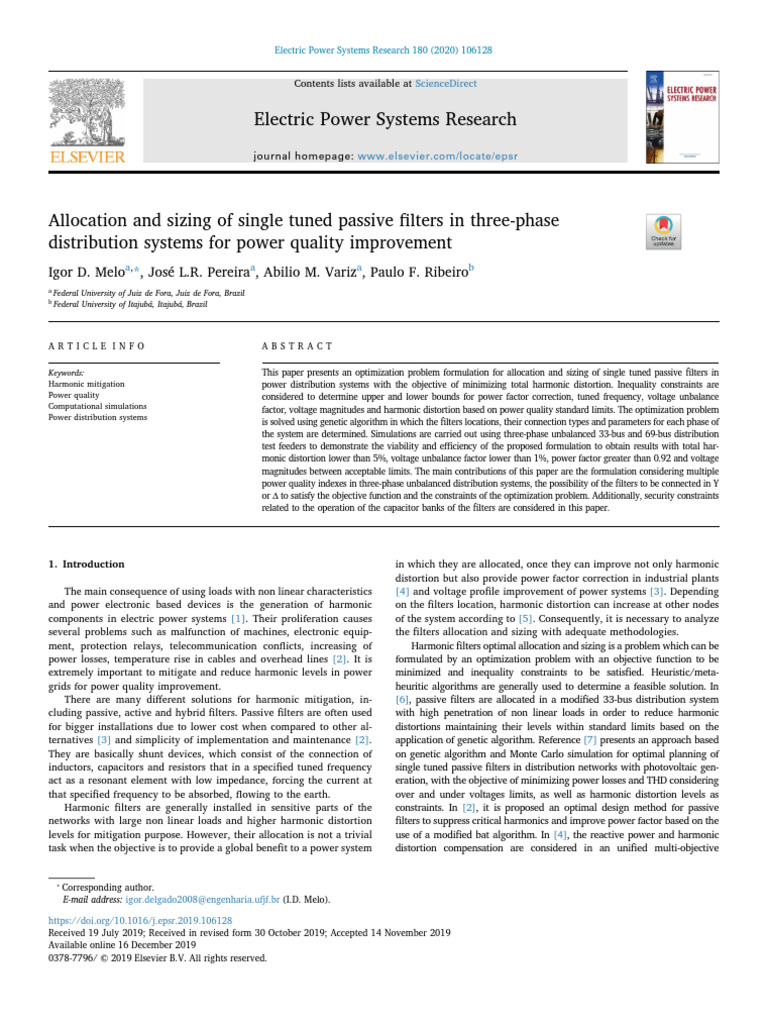 Allocation And Sizing Of Single Tuned Passive Filters In Three Phase Distribution Systems For