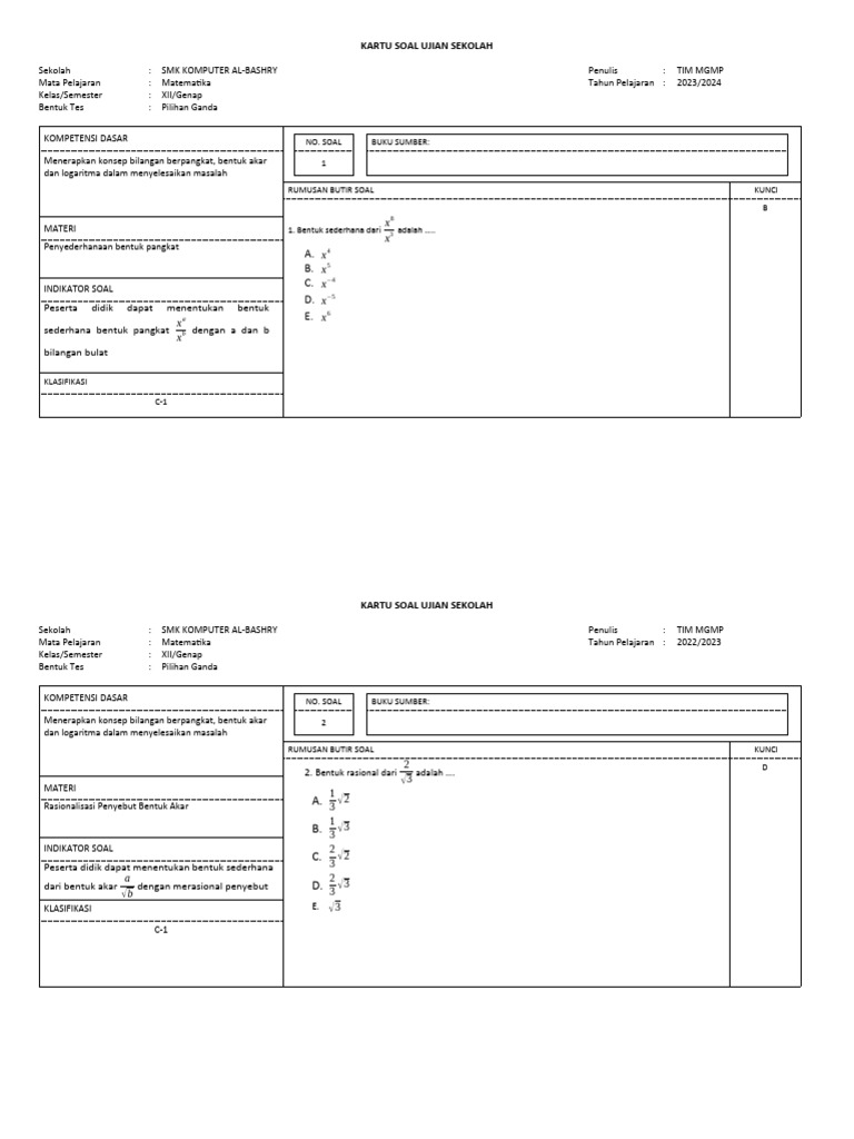 Kartu Soal US MTK TKP UTAMA | PDF
