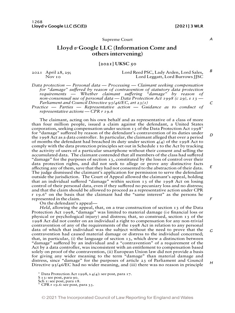 Lloyd v Google UKSC 2021 Ruling | PDF | Http Cookie | Damages