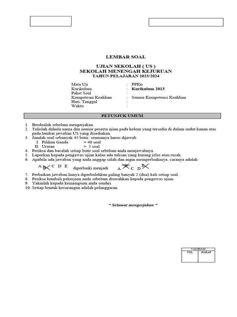 Naskah Soal Ujian Sekolah PKN Tahun 2024 | PDF