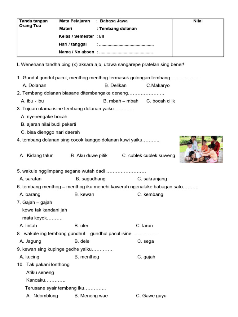 Soal Tembang Dolanan Kelas 1 SD | PDF | Seni & Disiplin Bahasa | Seni