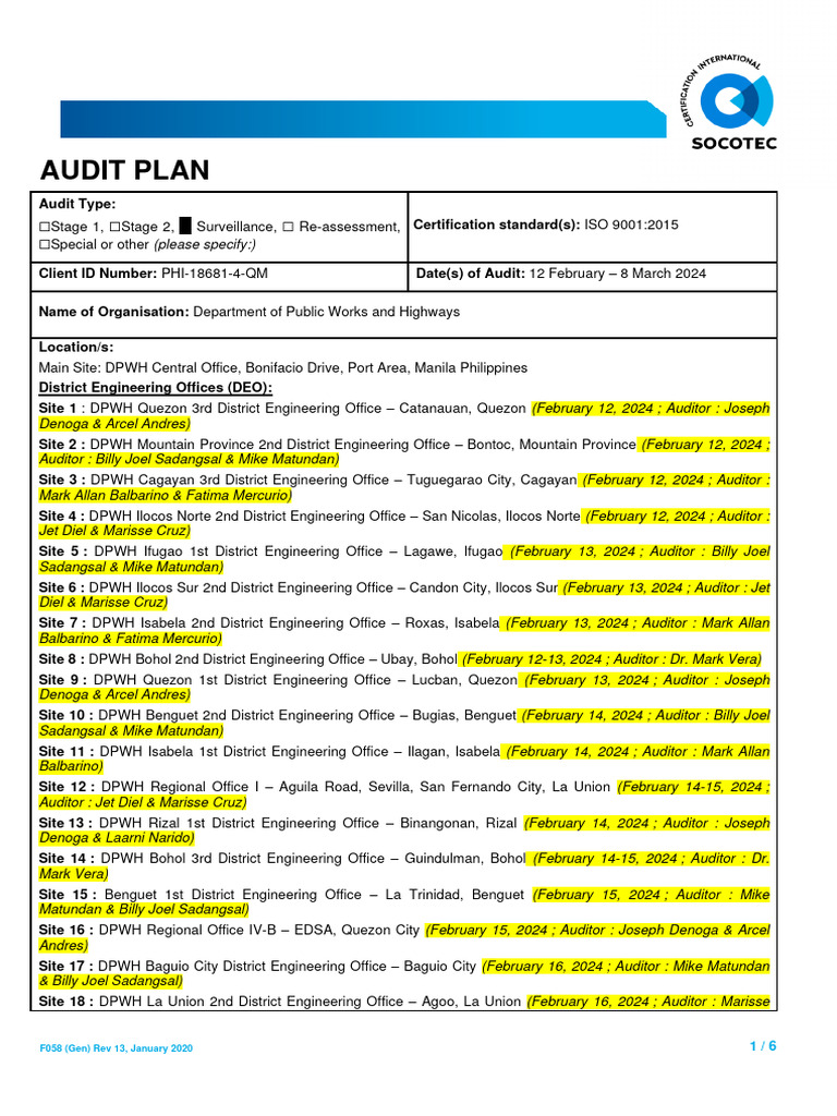 DPWH Audit Plan IOs 12 Feb To 23 Feb 2024 | PDF | Quality Management ...