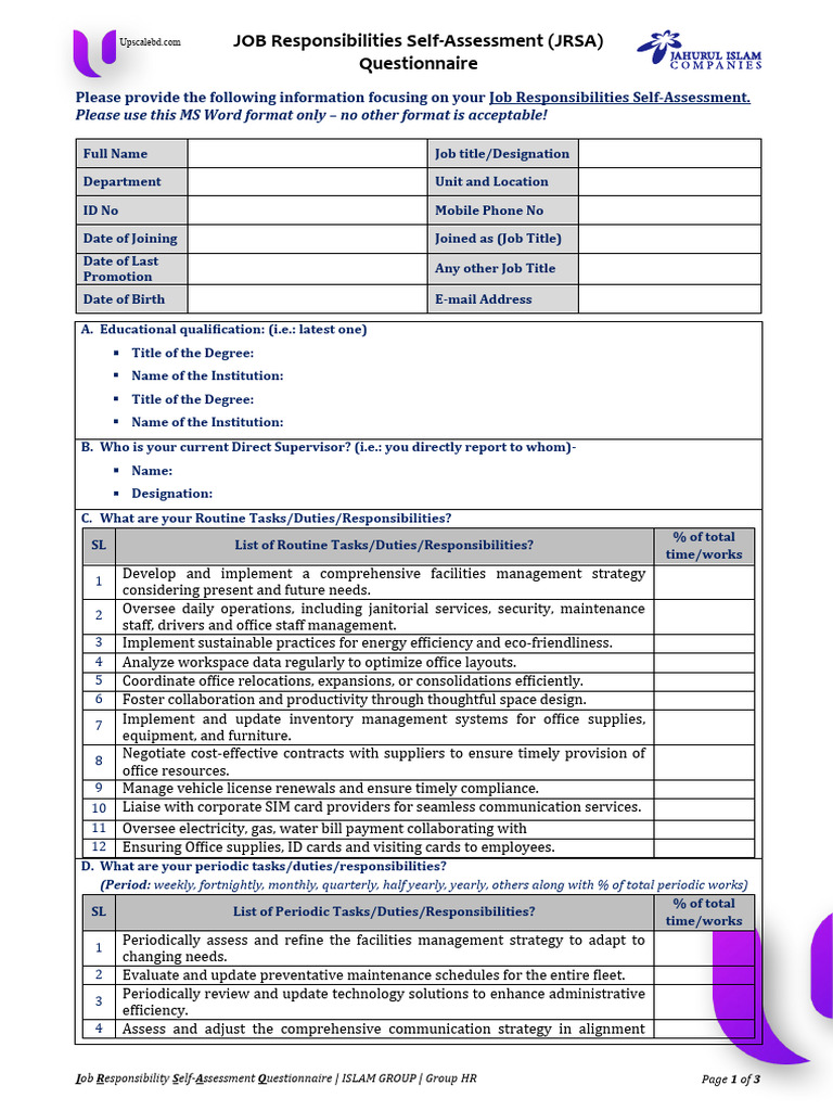 JOB Responsibilities Self-Assessment Questionnaire (JRSA) - Islam Group ...