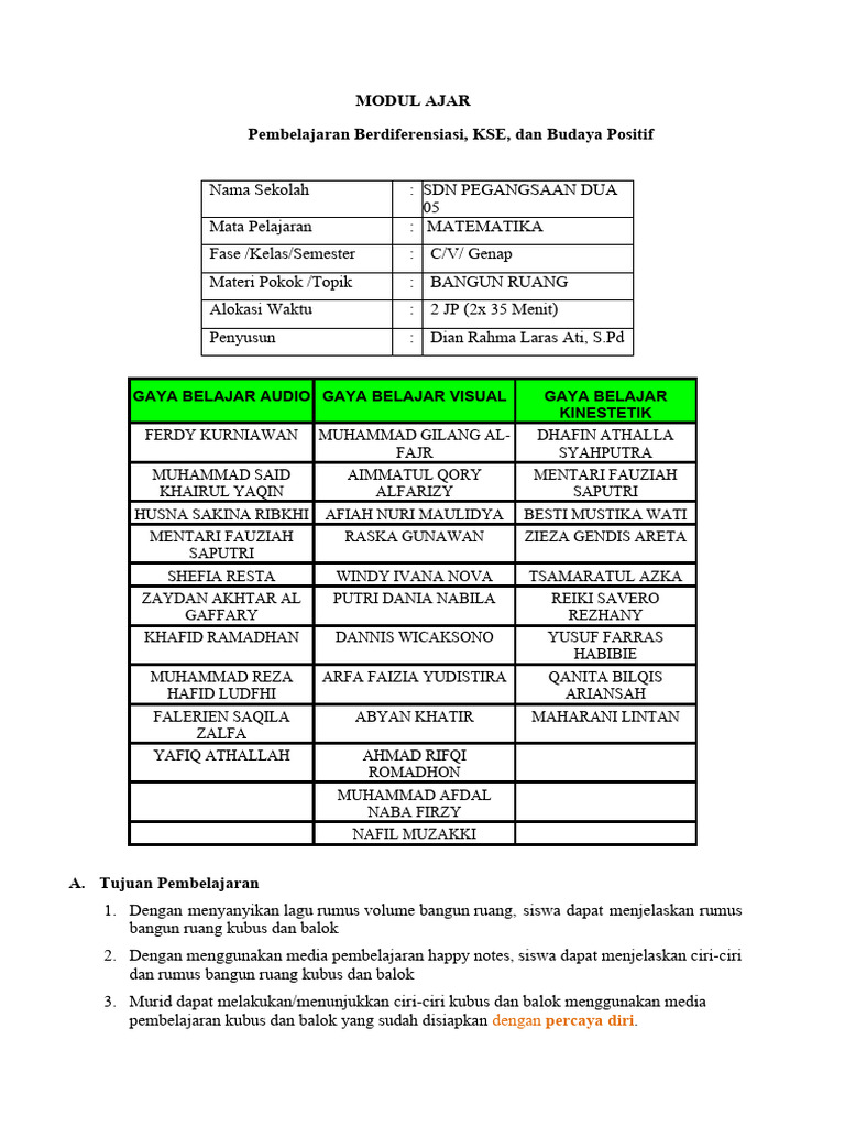 Modul Ajar Bangun Ruang Kelas VB SD | PDF