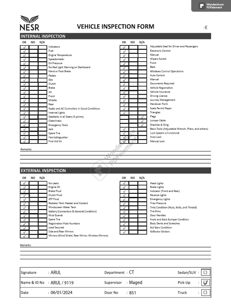 Vehicle Inspection Form 851 | PDF | Manual Transmission | Car
