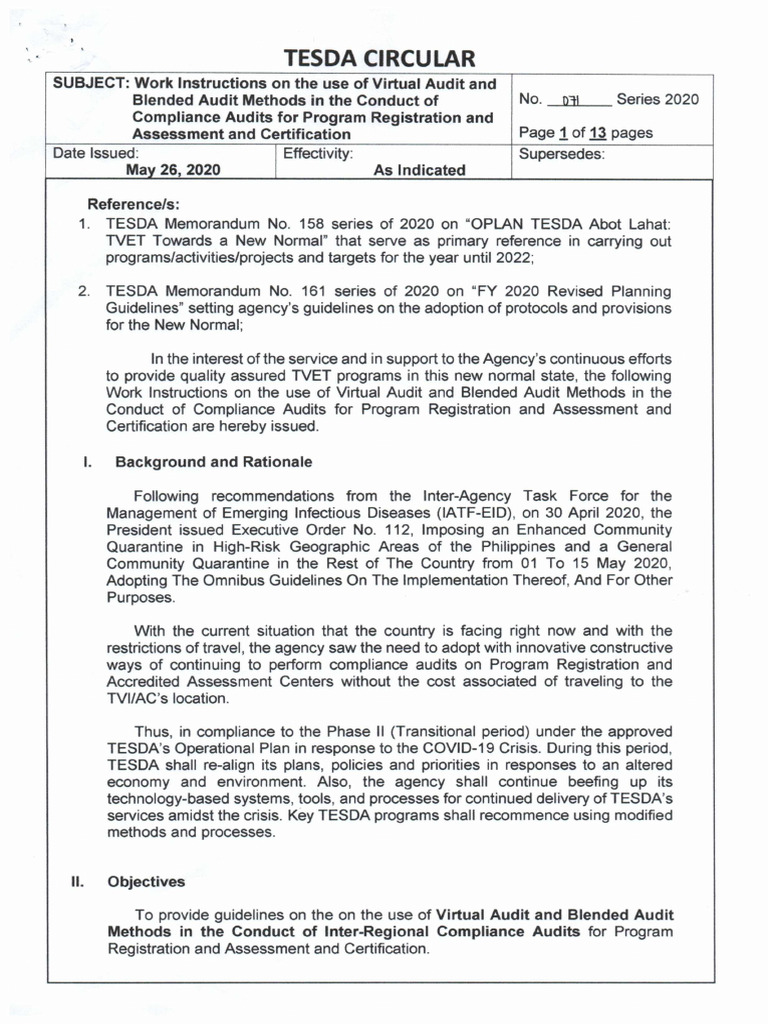 TESDA Circular No. 071-2020 | PDF | Audit | Auditor's Report