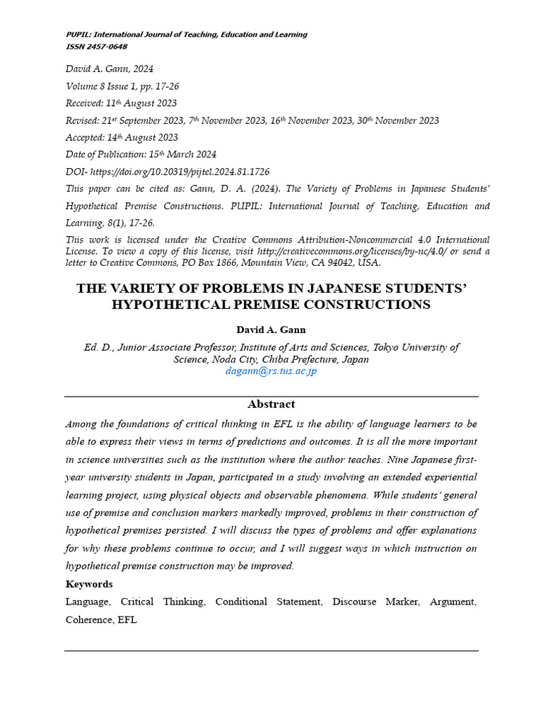 The Variety of Problems in Japanese Students' Hypothetical Premise ...