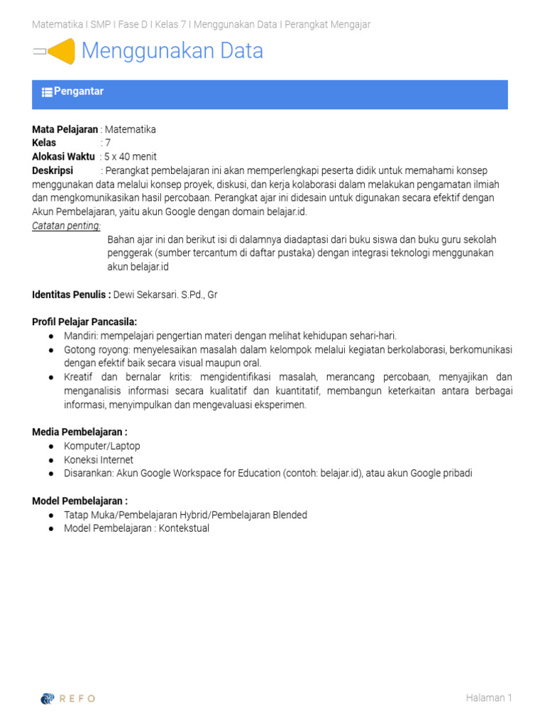 Pembelajaran Data Matematika Kelas 7 | PDF