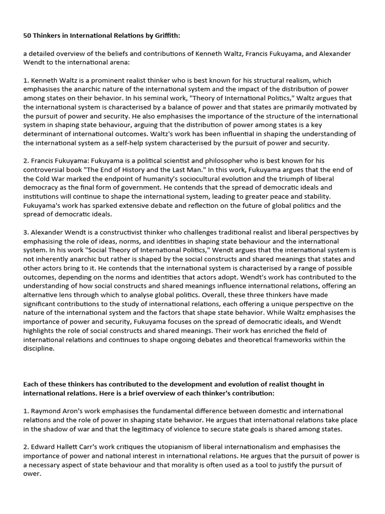 Key Thinkers in International Relations | PDF | International Relations ...