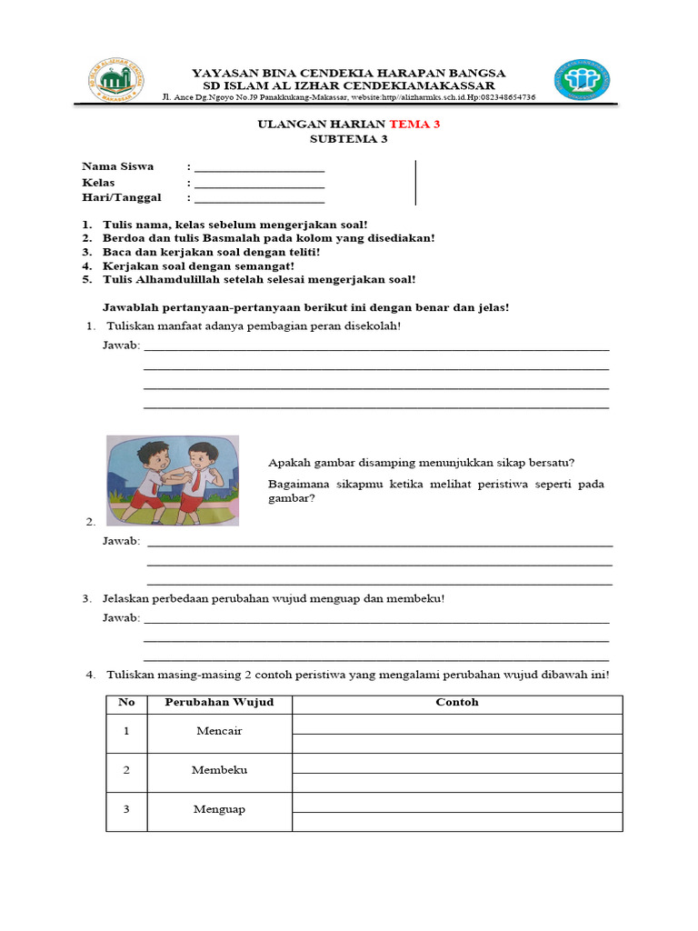 Ulangan Harian Tema 3 Subtema 3 | PDF